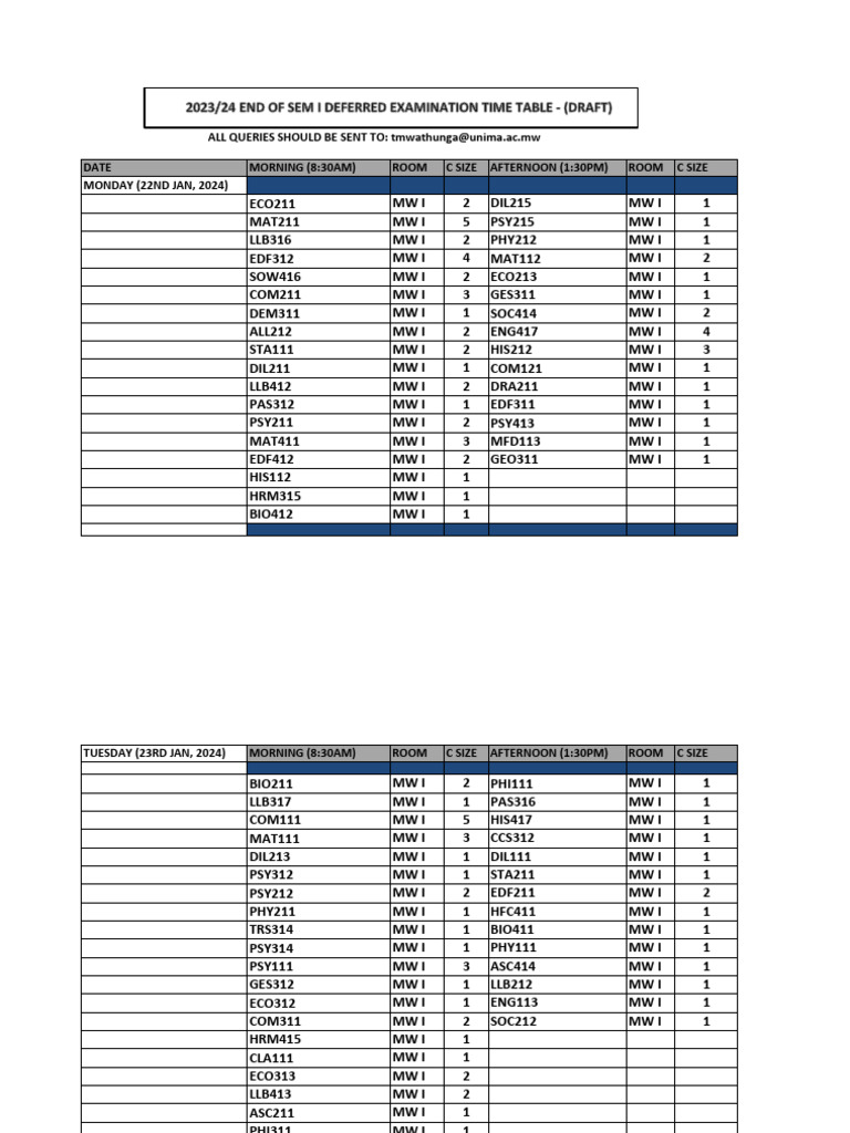 2023 2024 End of Sem 1 Deferred Examination Timetable - Draft | PDF