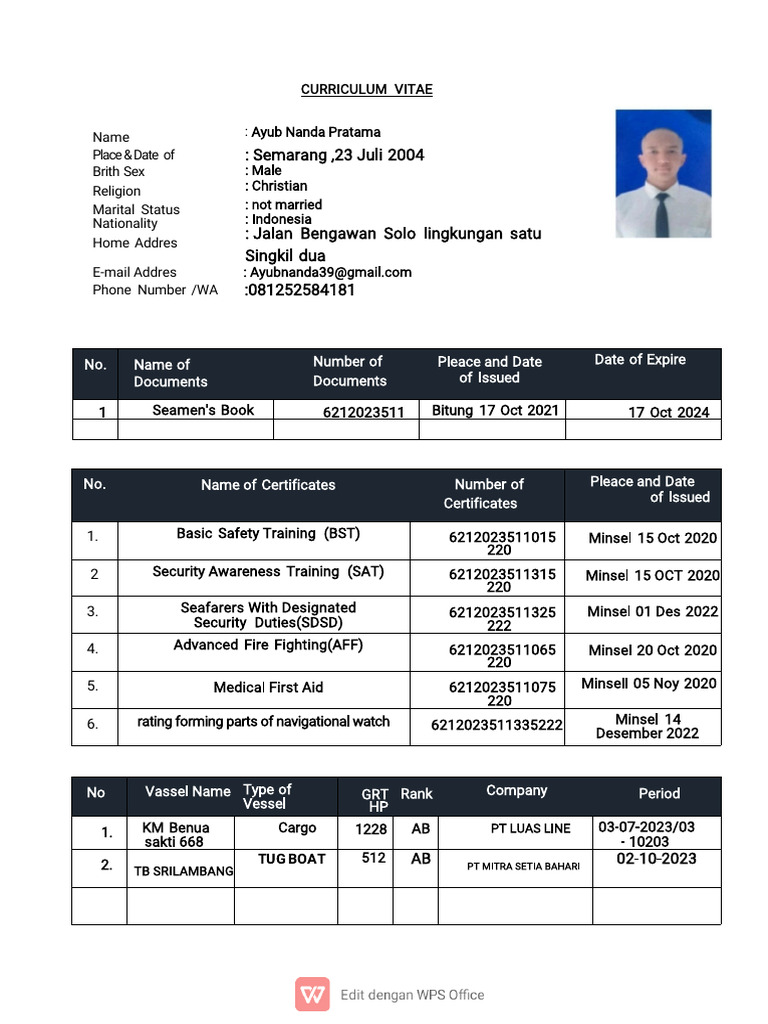 CV Pelaut//ayub Pratama | PDF | Shipping | Water Transport