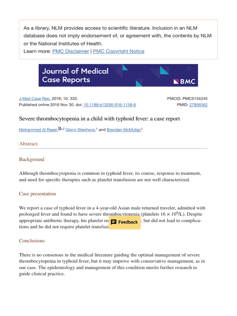Severe Thrombocytopenia in A Child With Typhoid Fever - A Case Report ...