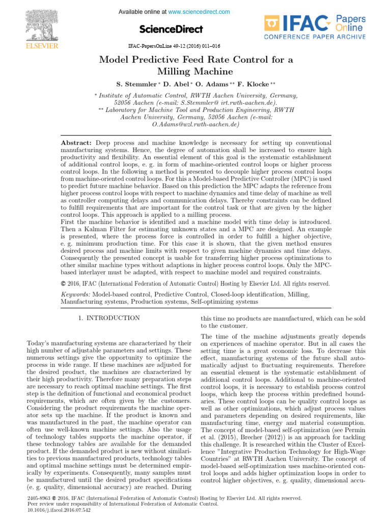 MPC Milling Elsevier16 | PDF | Kalman Filter | Mathematical Optimization
