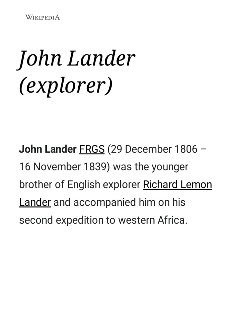 John Lander (Explorer) - Wikipedia | PDF | Reference Works | Field Research