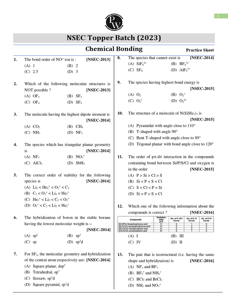 Chemical Bonding - Practice Sheet - (NSEC) | PDF | Chemical Bond ...