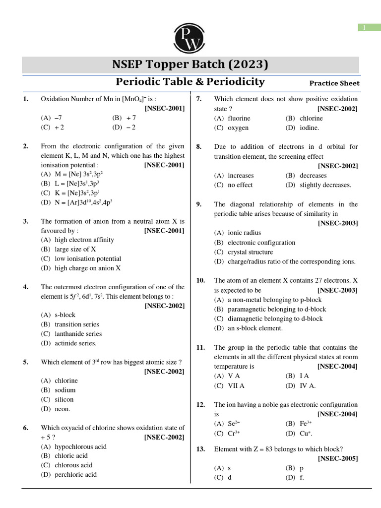 Periodic Table & Periodicity - Practice Sheet - (NSEC) | PDF | Periodic ...
