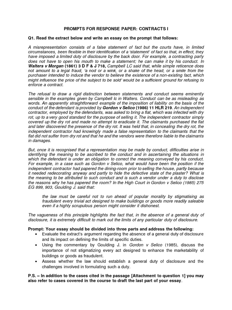 Prompts For Response Paper - Contracts I | PDF | Consideration | Misrepresentation