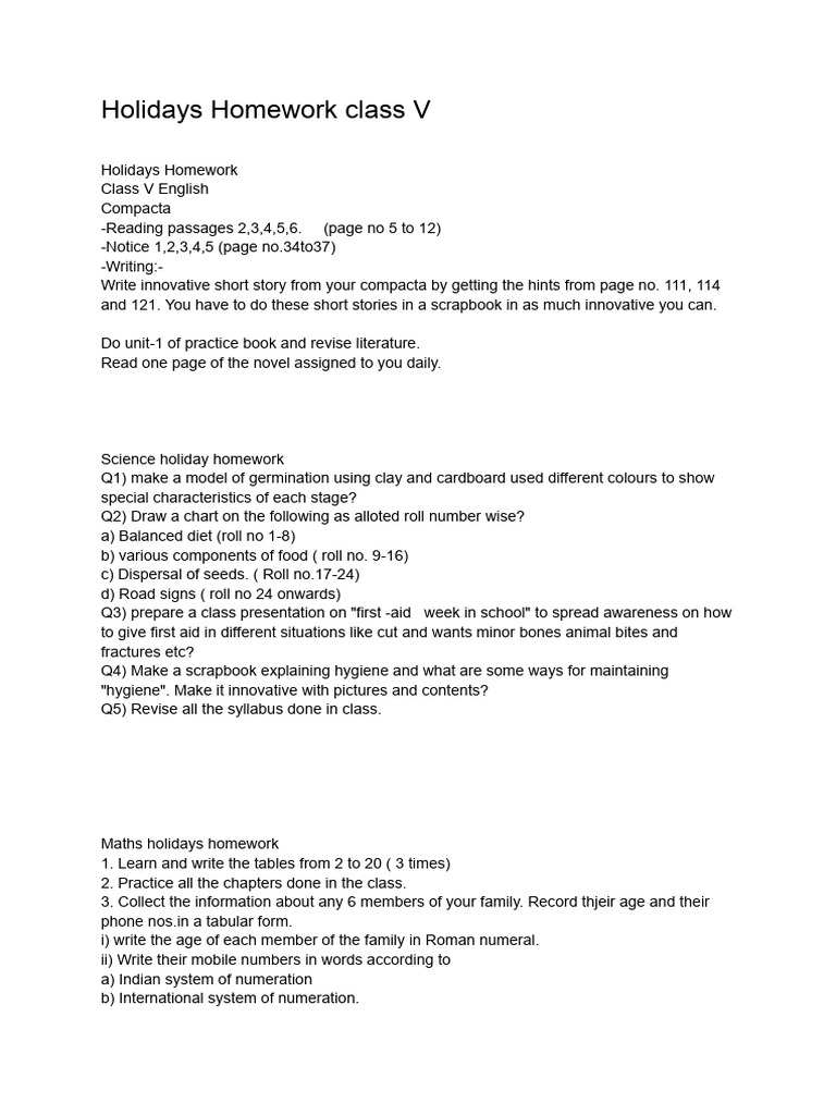 Holidays Homework | PDF | Books