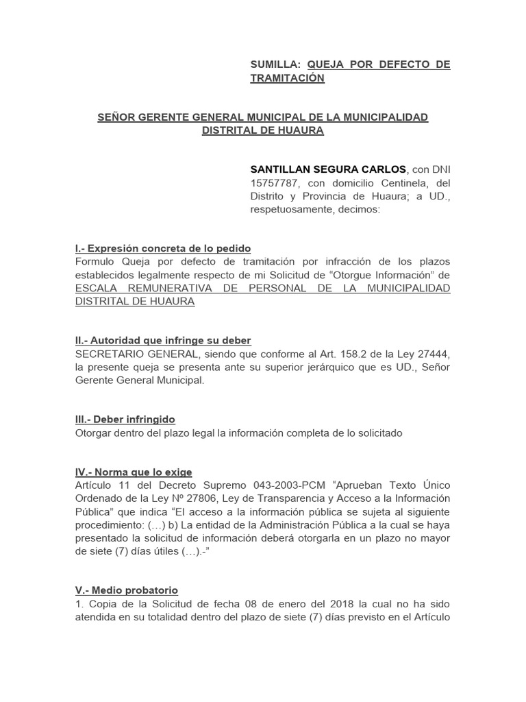 Queja Por Defecto de Tramitacion Carlos Santillan Segura | PDF