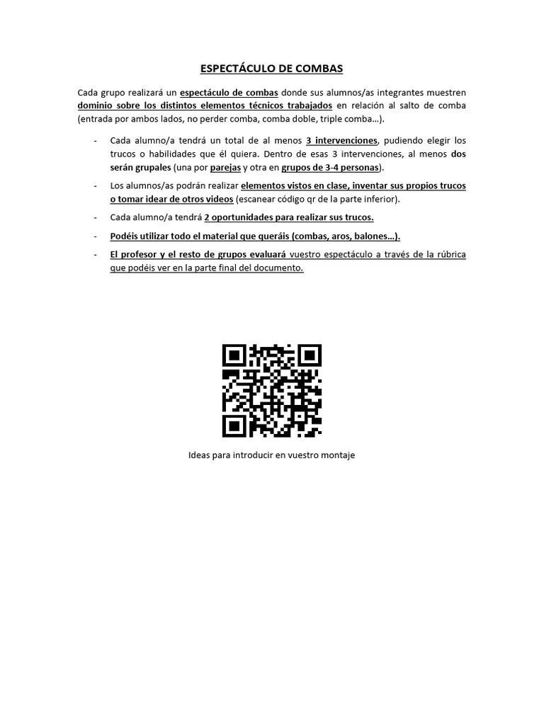 Evaluación. Producto Final ESPECTÁCULO DE COMBAS | PDF