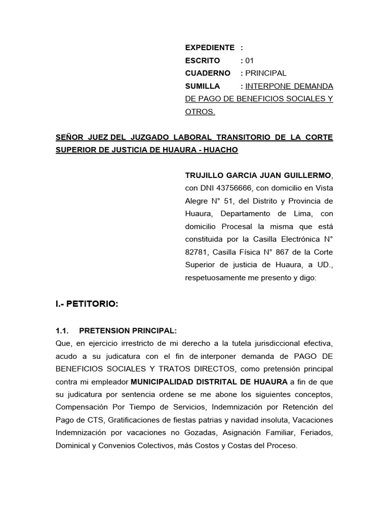 Demanda de Beneficios Sociales - Juan Trujillo Garcia | PDF | Derecho laboral | Salario