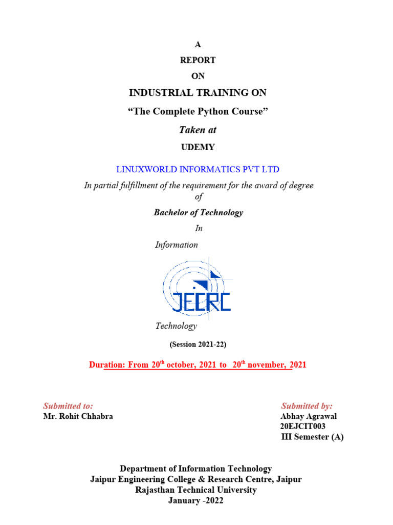 Industrial Training Report on Python Course | PDF