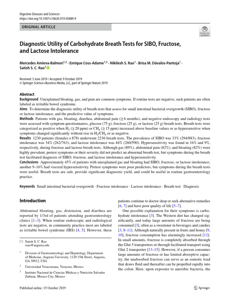 Diagnostic Utility of Carbohydrate Breath Tests For SIBO, Fructose ...