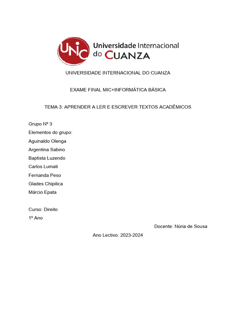 Exame Final MIC+Informática Básica Unic | PDF | Science | Aprendizado