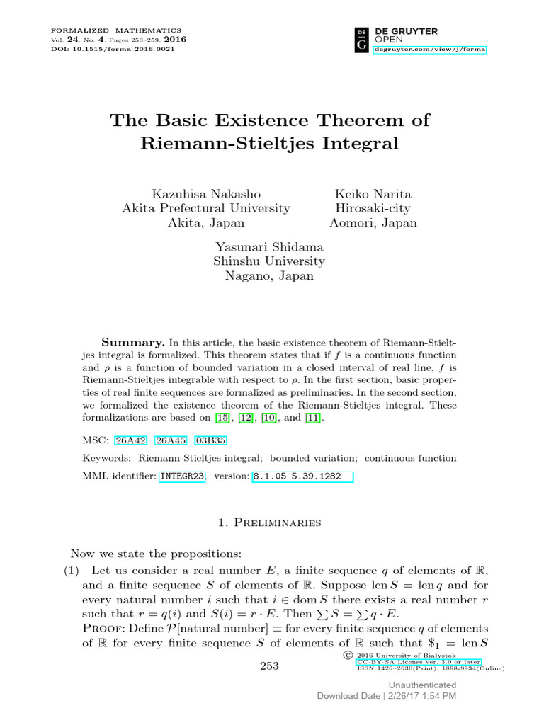 The Basic Existence Theorem of Riemann-Stieltjes I | PDF | Theorem | Real Number