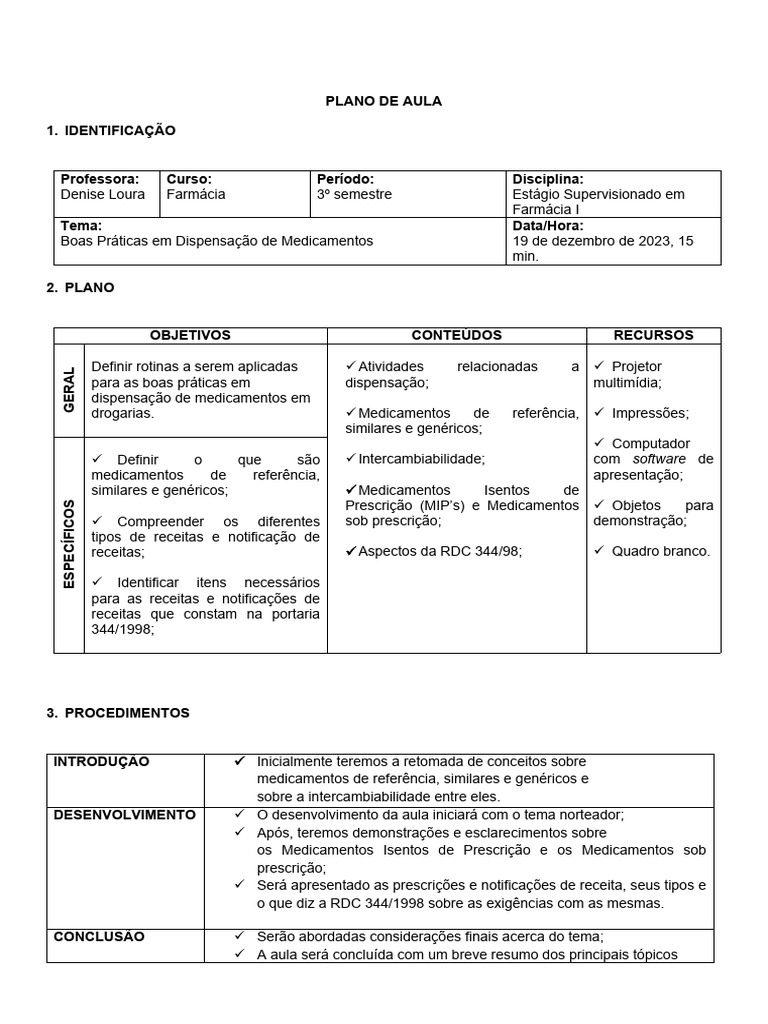 Plano de aula Denise Boas Práticas de Dispensação | PDF | Receita ...
