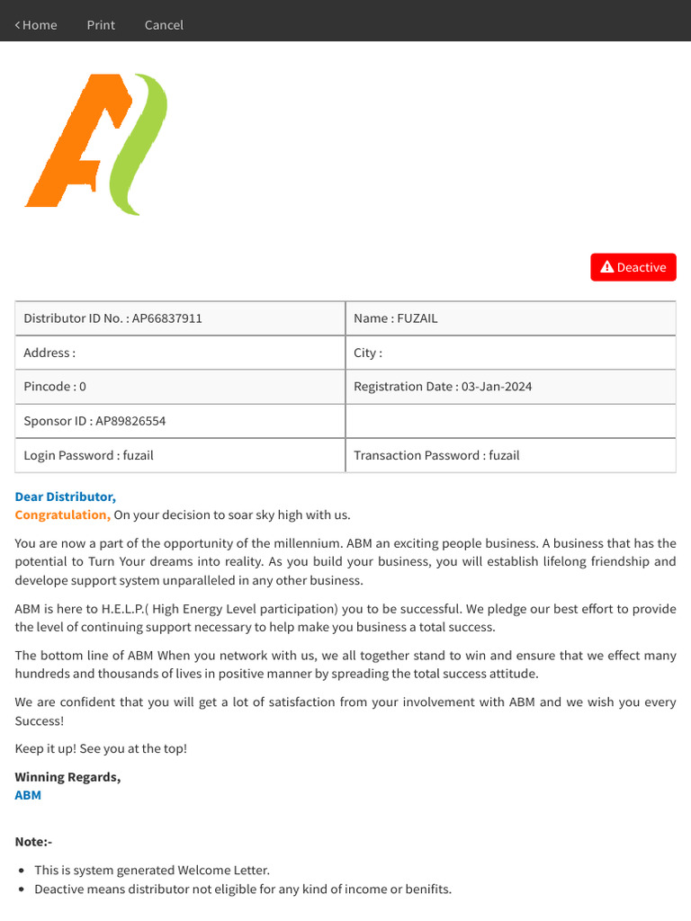 Welcome Letter for ABM Distributor | PDF