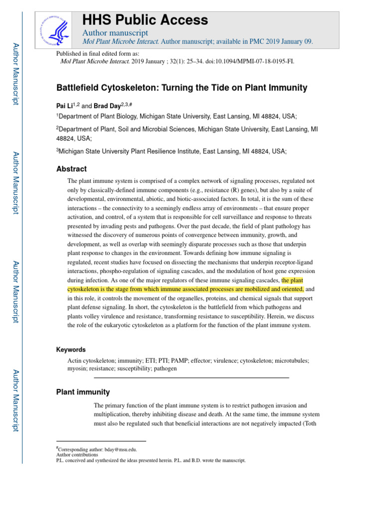 Battlefield Cytoskeleton Turning The Tide On Plant Immunity | PDF ...