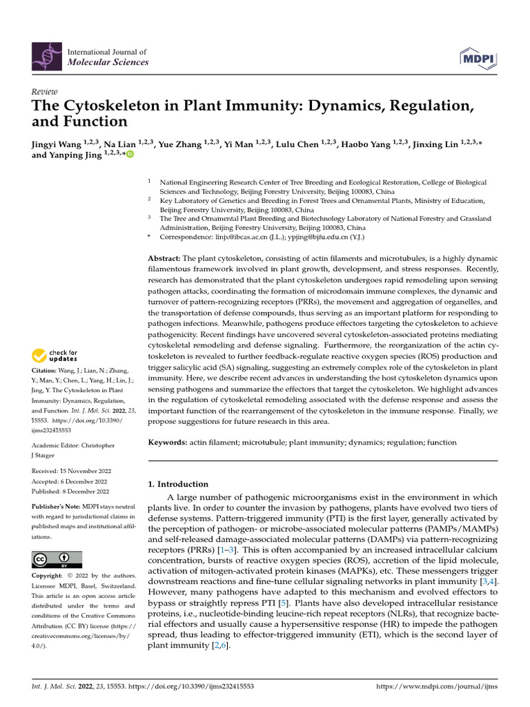 The Cytoskeleton in Plant Immunity Dynamics, Regulation, and Function ...