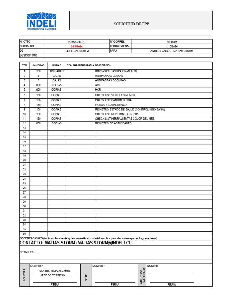 Solicitud Materiales y Epp 0002 | PDF