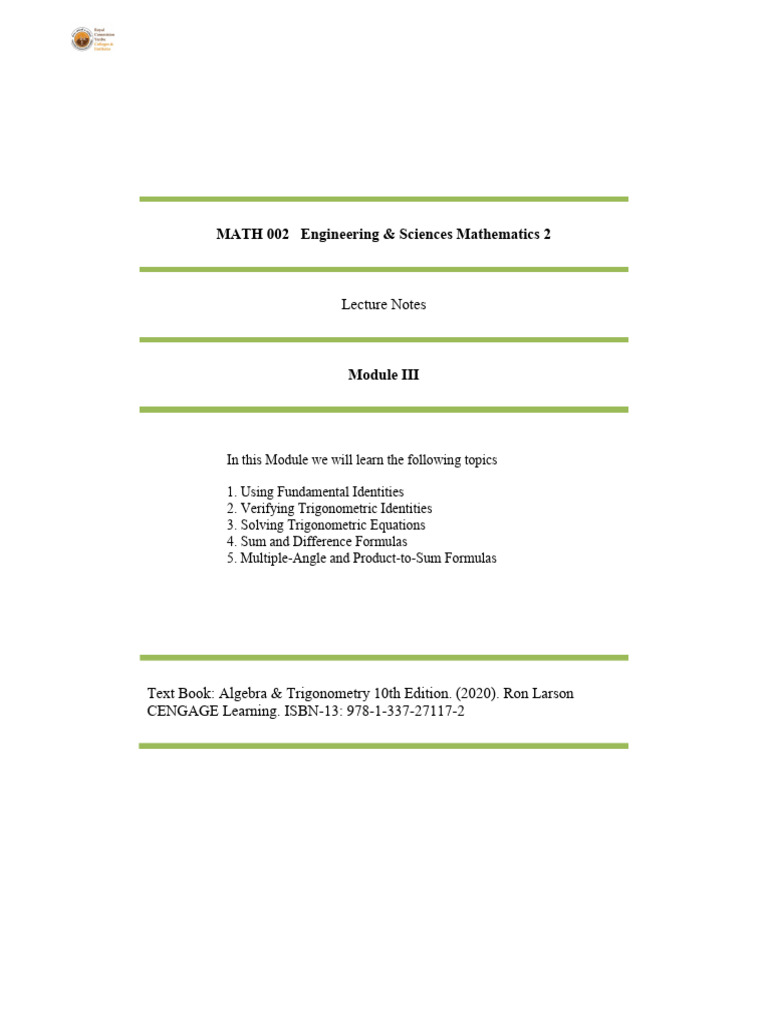 Module-III (Math 002) | PDF | Trigonometry | Mathematics