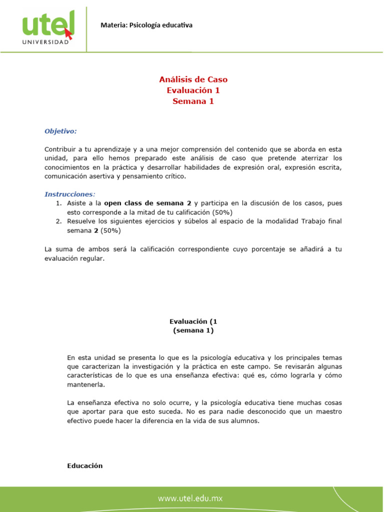 Psicología Educativa - Evaluación 1 - Análisis de Caso - Evaluación 1 - Semana 1 - P | Descargar ...