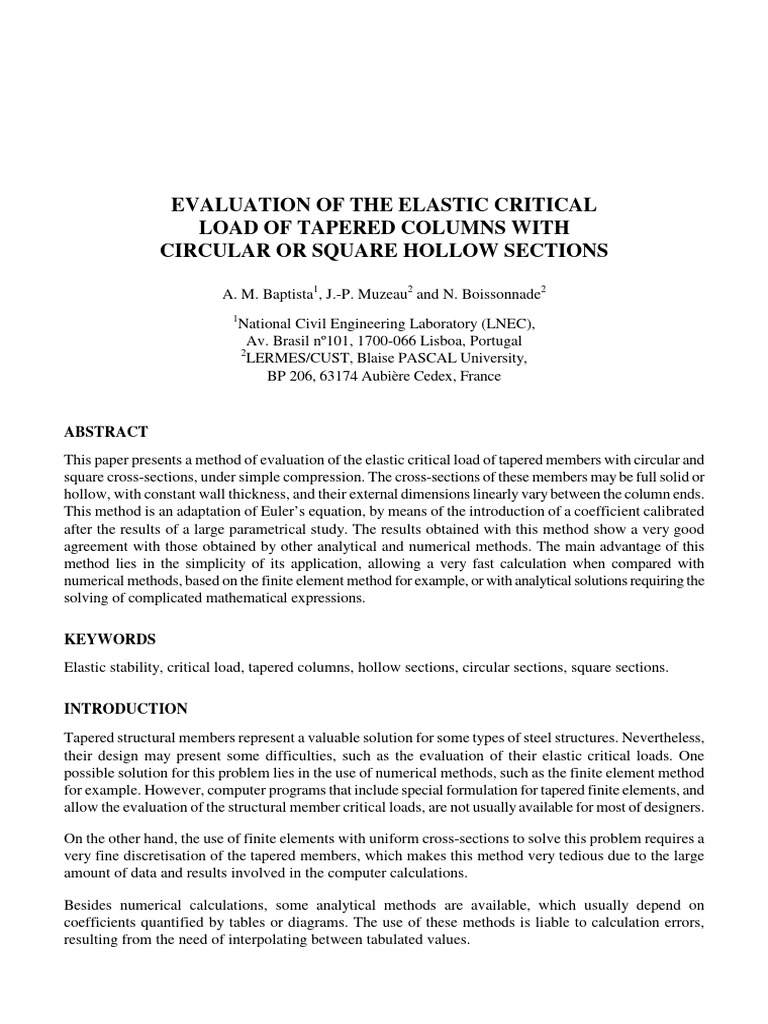 Evaluation of The Elastic Critical Load of Tapered Columns With Circular or Square Hollow ...