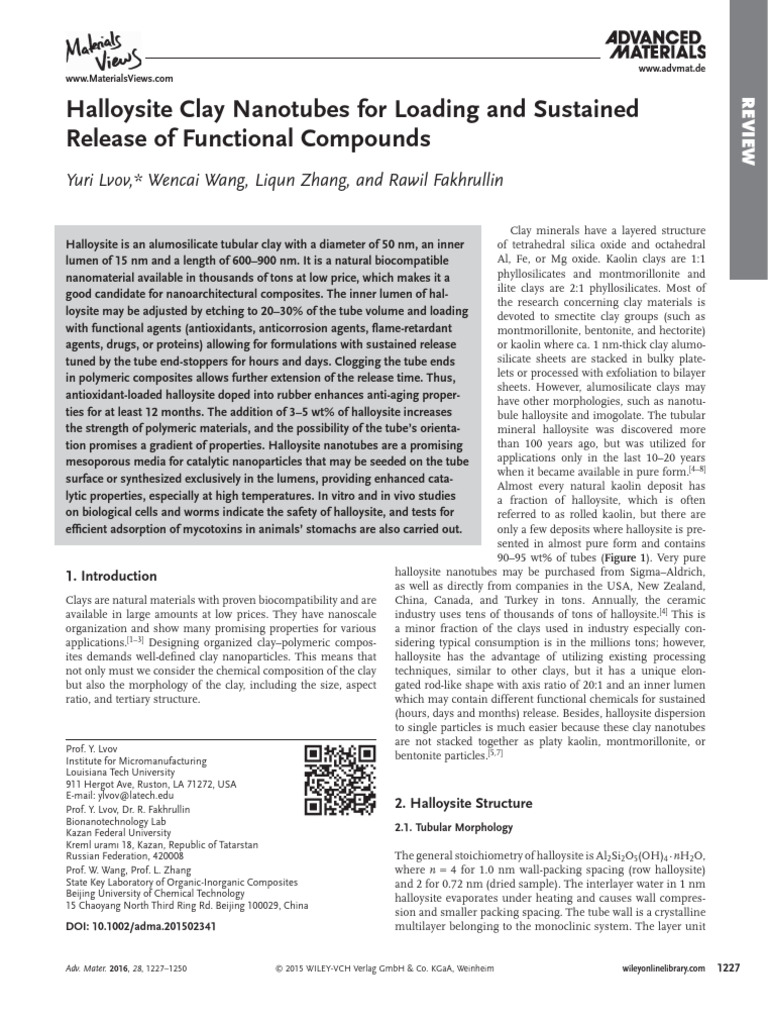 Halloysite Clay Nanotubes For Loading and Sustained Release of ...