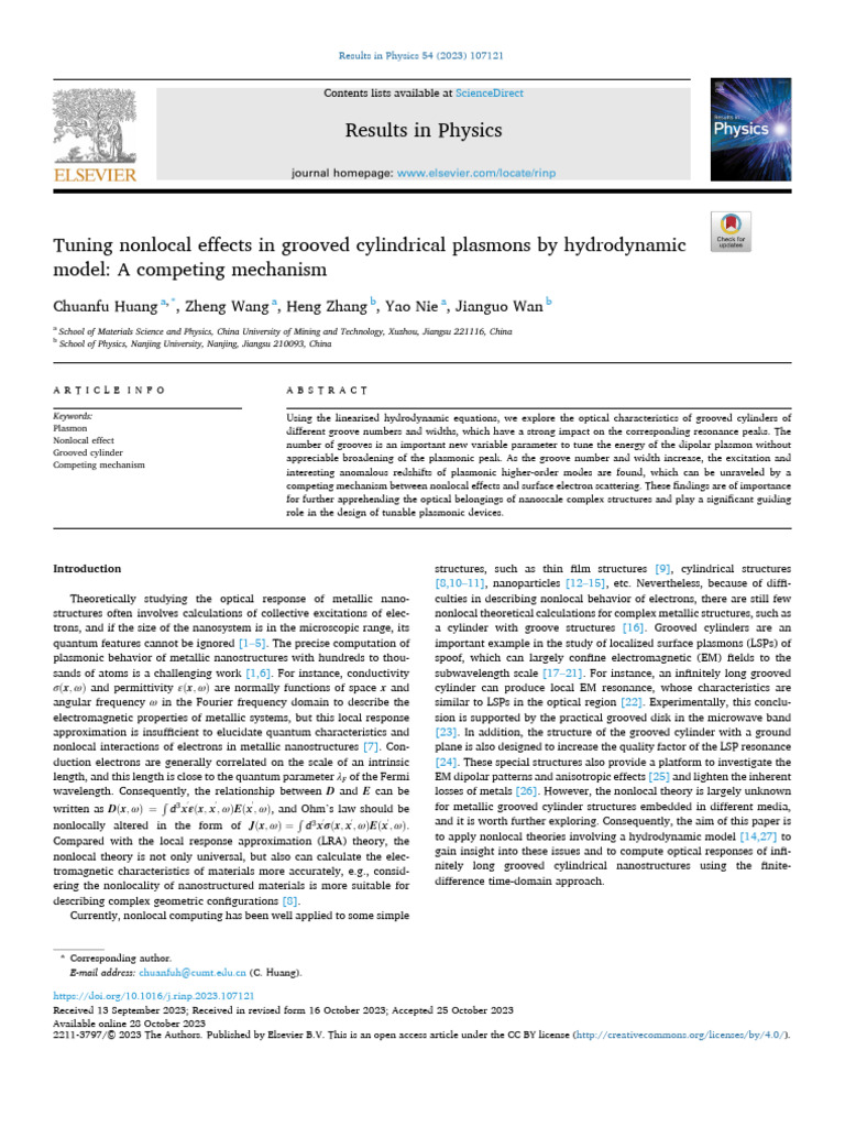 Tuning Nonlocal Effects in Grooved Cylindrical Plasmons by H - 2023 ...