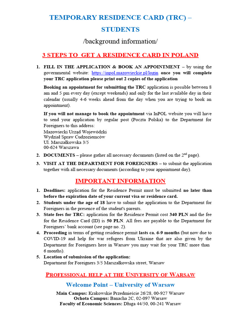 Temporary Residence Card (TRC) ALL Students 2023 | PDF | Cost Of Living | Insurance