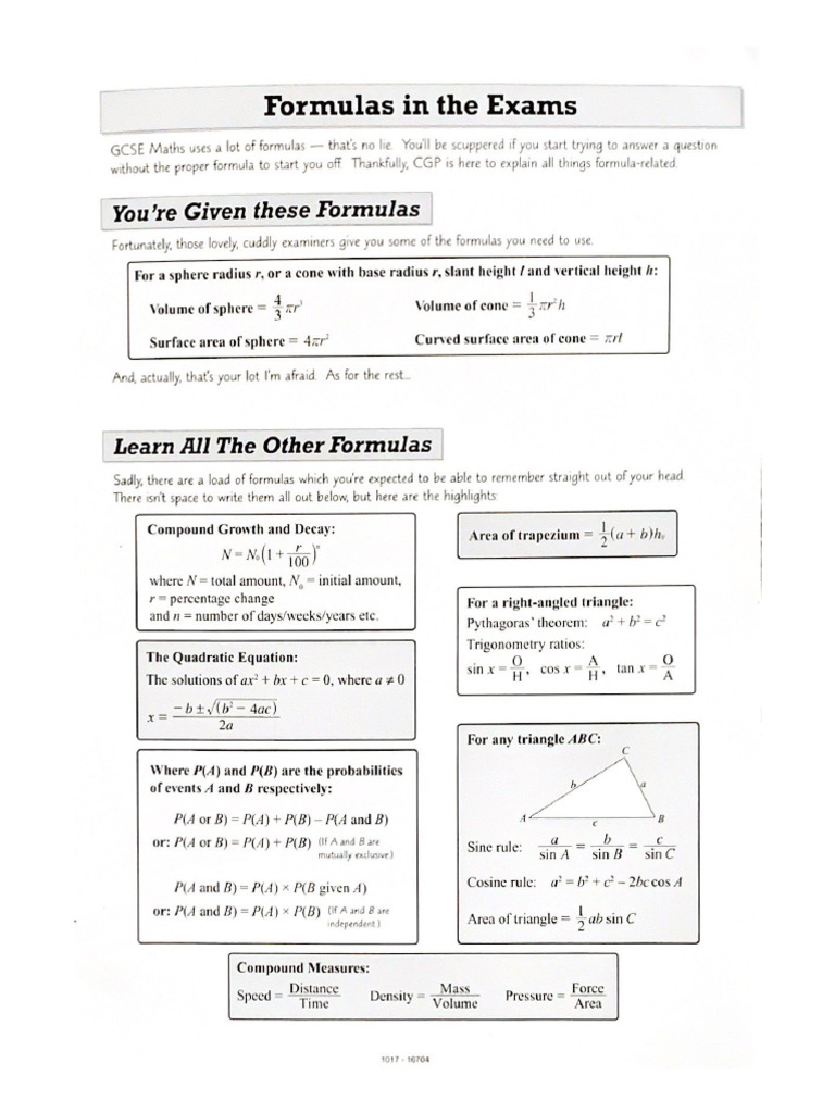 Formulas in The Exams - Maths | PDF