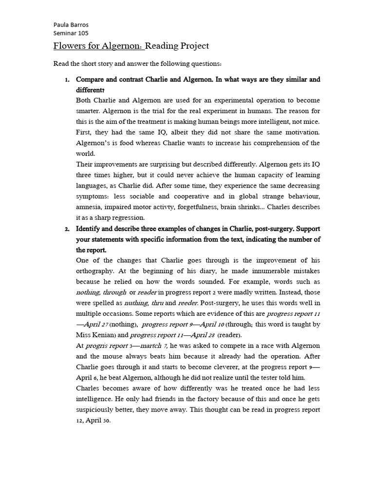 Reading Project Flowers For Algernon | PDF | Neuroscience | Cognitive ...