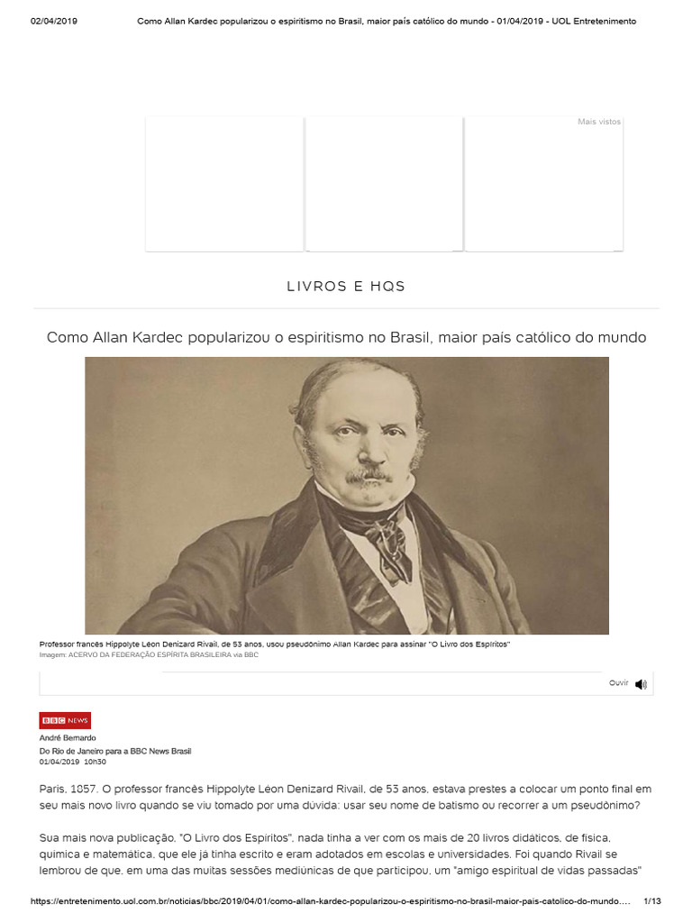 Como Allan Kardec Popularizou o Espiritismo No Brasil, Maior País Católico Do Mundo - 01 - 04 ...