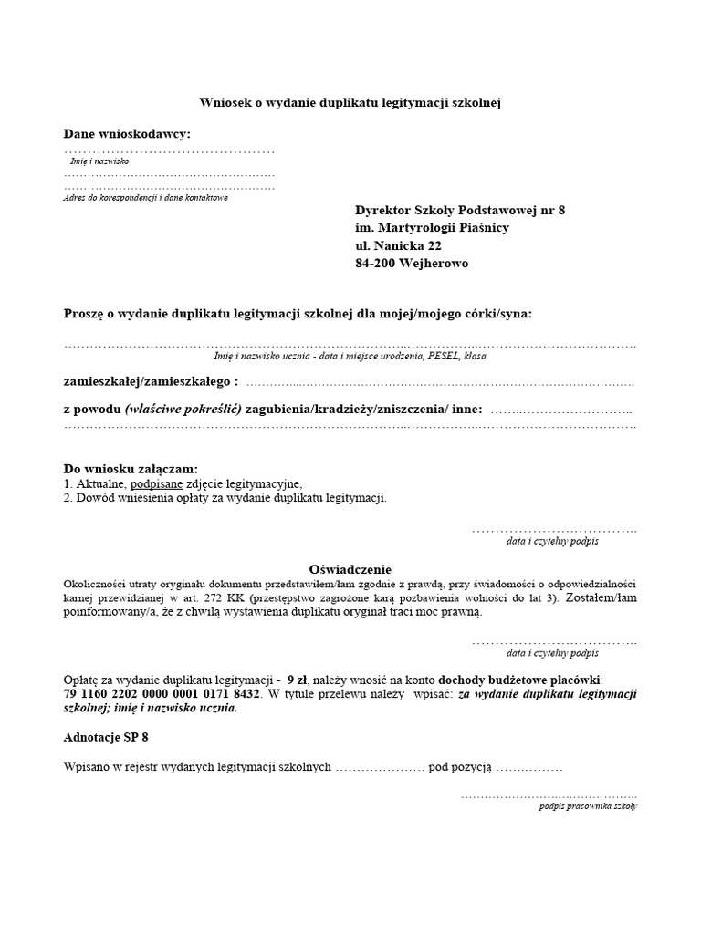 Wniosek O Wydanie Duplikatu Legitymacji Szkolnej 1 PDF