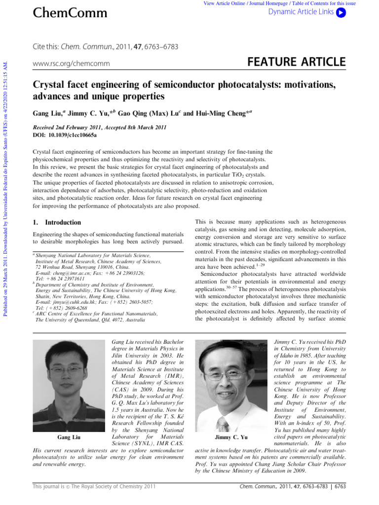 (2011) Crystal Facet Engineering of Semiconductor Photocatalysts ...