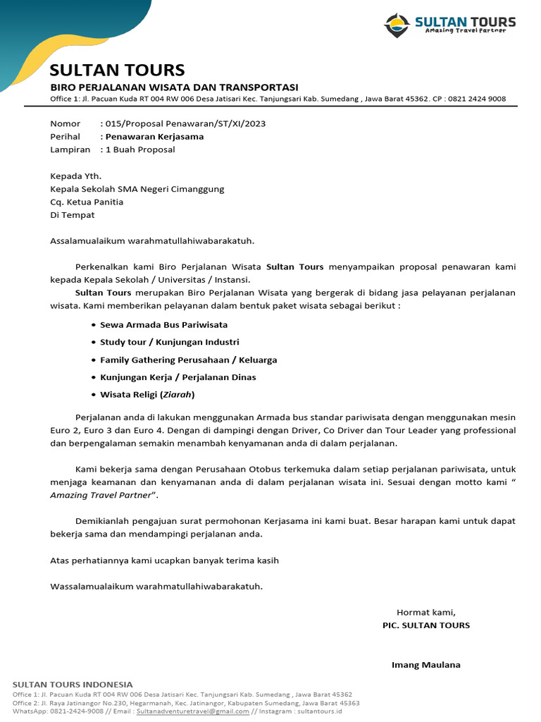 Surat Penawaran Study Tour Yogyakarta SMANCI by Sultan Tours | PDF