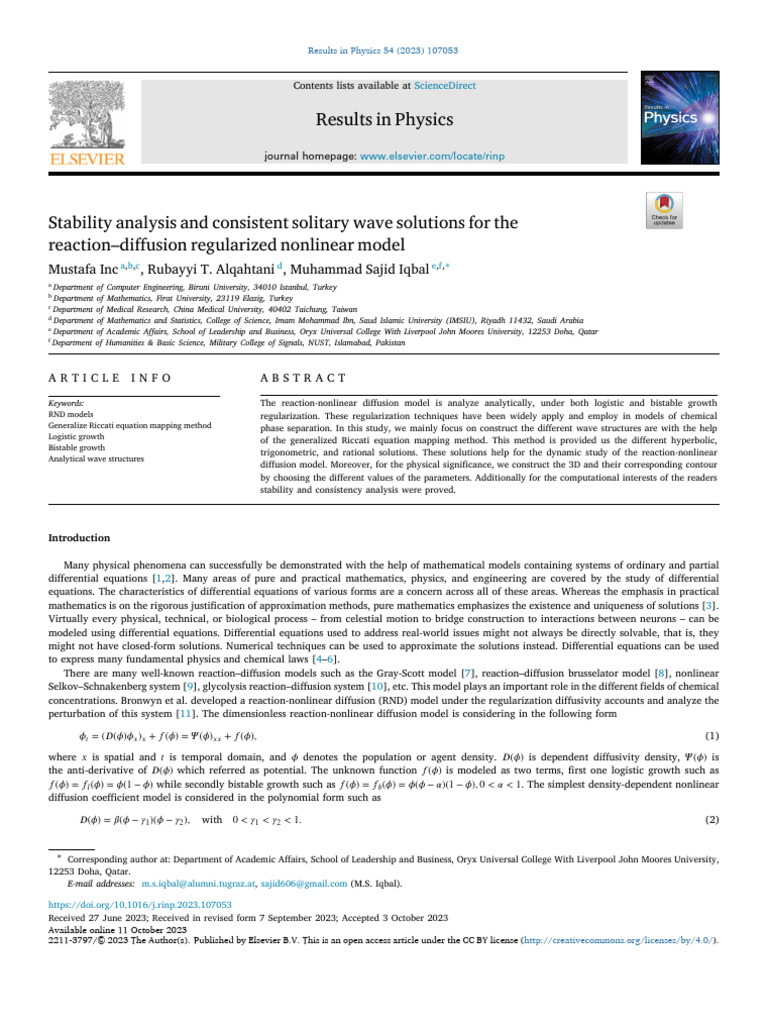 Stability Analysis and Consistent Solitary Wave Solutions For - 2023 ...