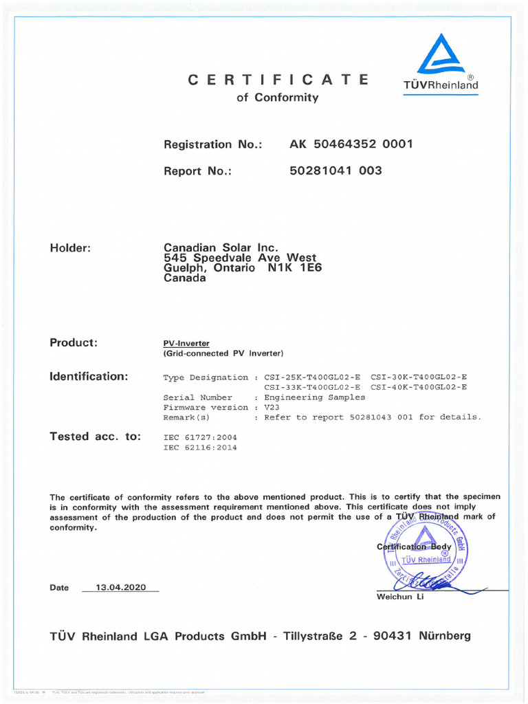 Canadian Solar - Certificate - Inverter - NEW 25 40KW 400V - IEC62116 ...