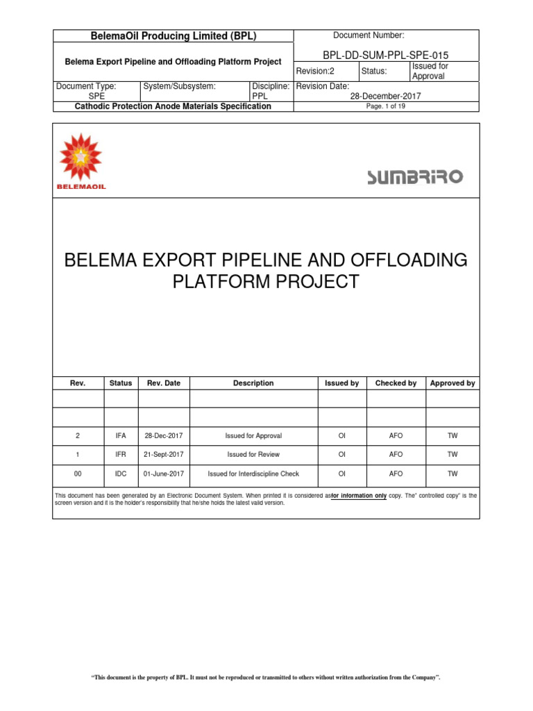 BPL-DD-SUM-PPL-SPE-015 - Cathodic Protection Anode Materials Specification | PDF | Anode | Electrode