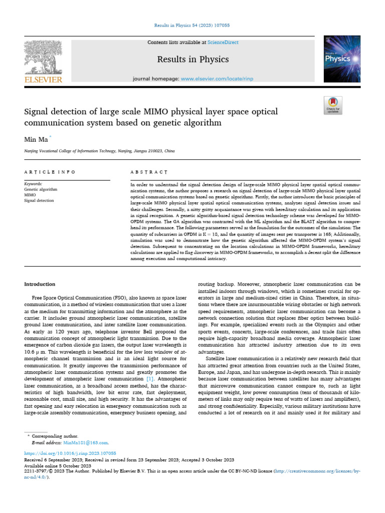 Signal Detection Of Large Scale Mimo Physical Layer Space Opt 2023 Results I Pdf