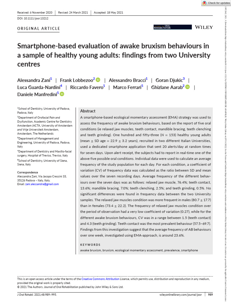 J of Oral Rehabilitation - 2021 - Zani - Smartphone Based Evaluation of Awake Bruxism Behaviours ...