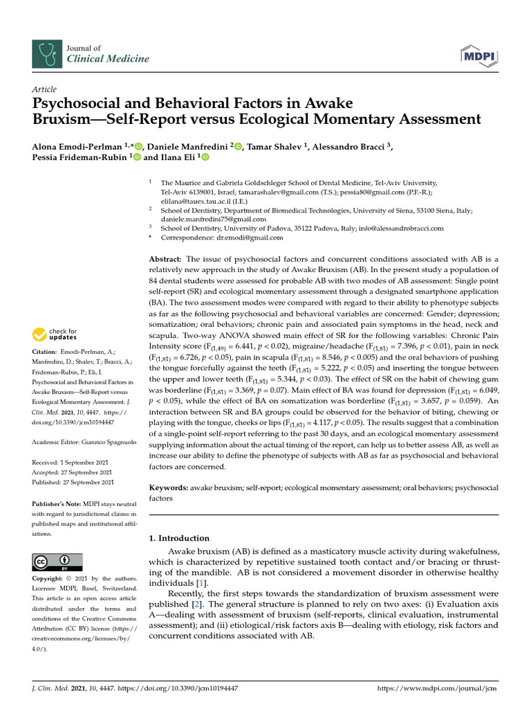 Psychosocial and Behavioral Factors in awake Bruxism-self-Report versus ...