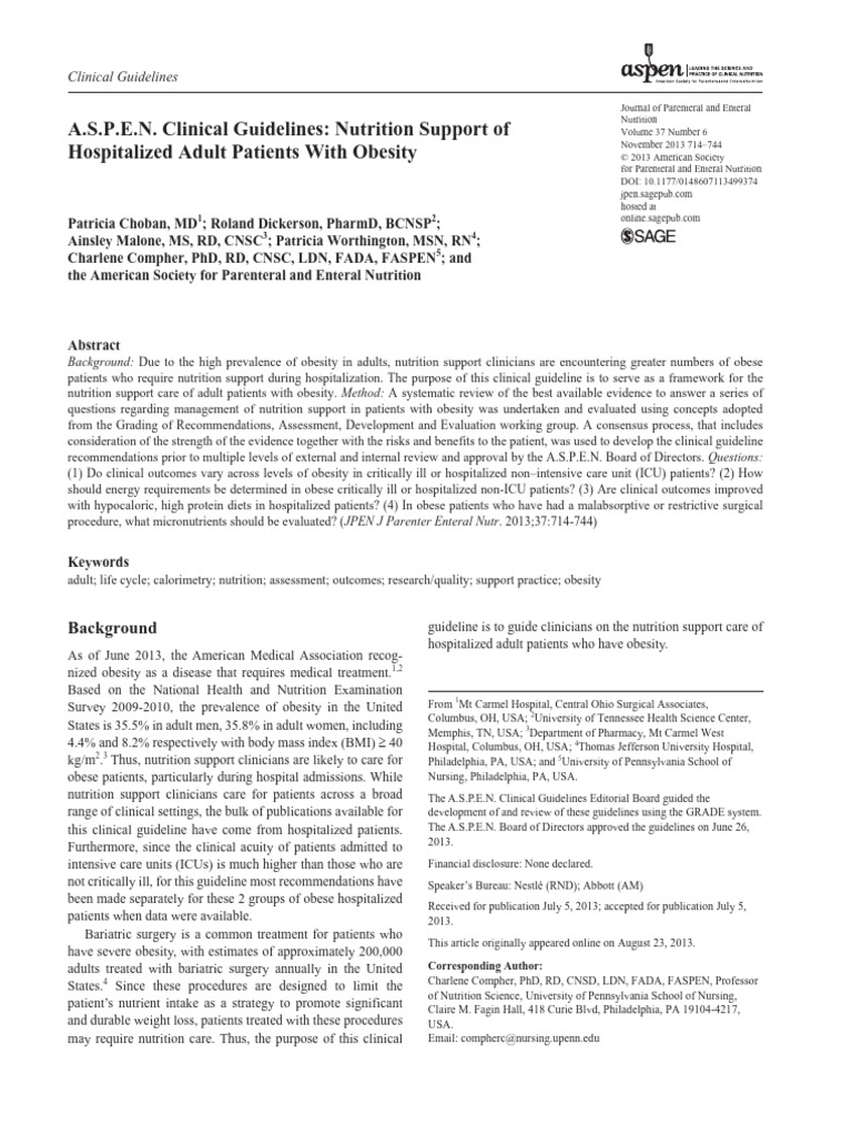 J Parenter Enteral Nutr - 2013 - Choban - A S P E N Clinical Guidelines ...