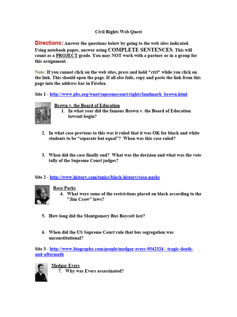 Civil Rights Movement Web Quest Guide | PDF | Brown V. Board Of ...