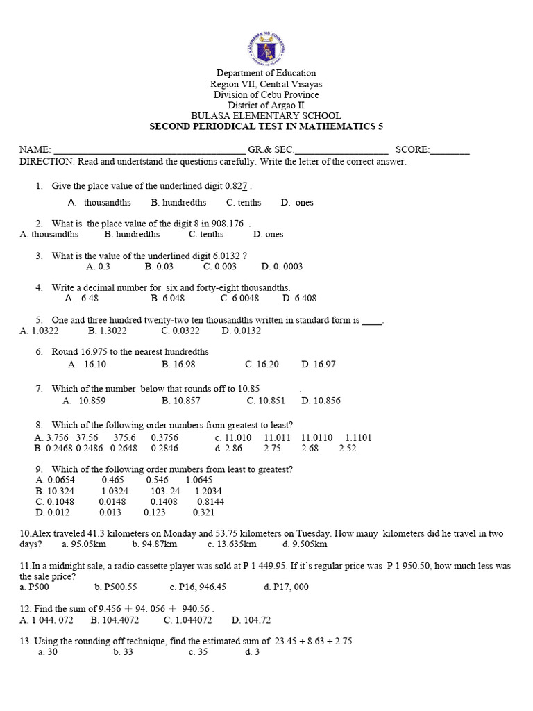 2nd PT in Math 5 | PDF | Ratio | Mathematics