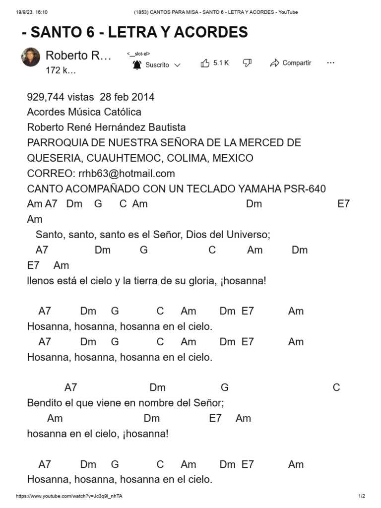 (1853) CANTOS PARA MISA - SANTO 6 - LETRA Y ACORDES - YouTube | PDF