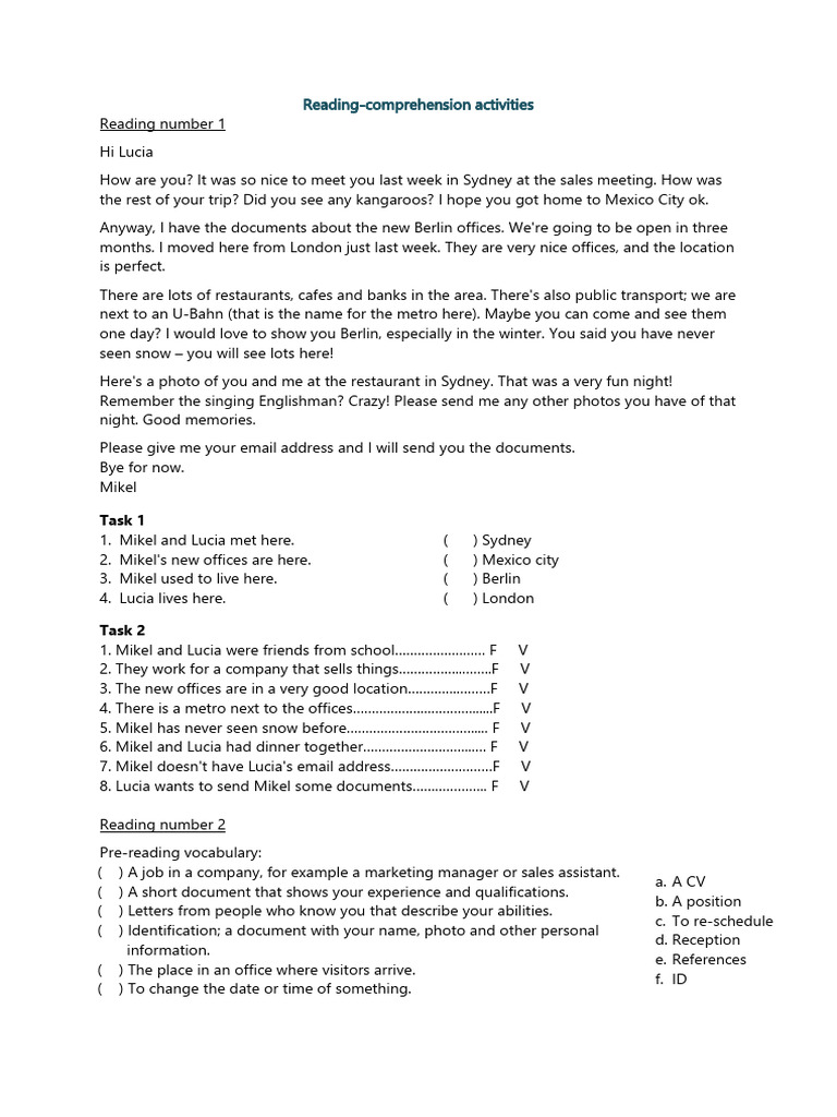 Reading Comprehension Activities | PDF | Cognition