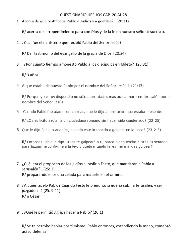 Cuestionario de Hechos Cap. 20 - 28 | PDF