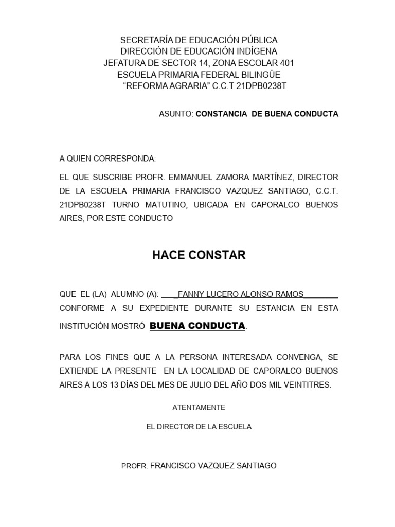 Constancia de Buena Conducta Escolar | PDF