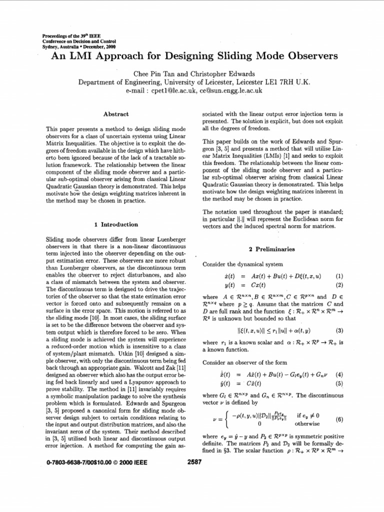 An Lmi Approach For Designing Sliding Mode Observers | PDF | Matrix (Mathematics) | Linear Map