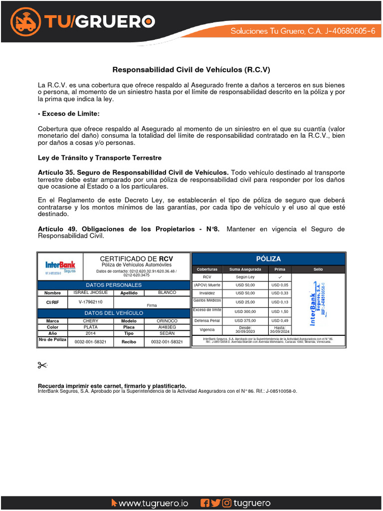 Carnet RCV 58321 | PDF | Póliza de seguros | Seguro