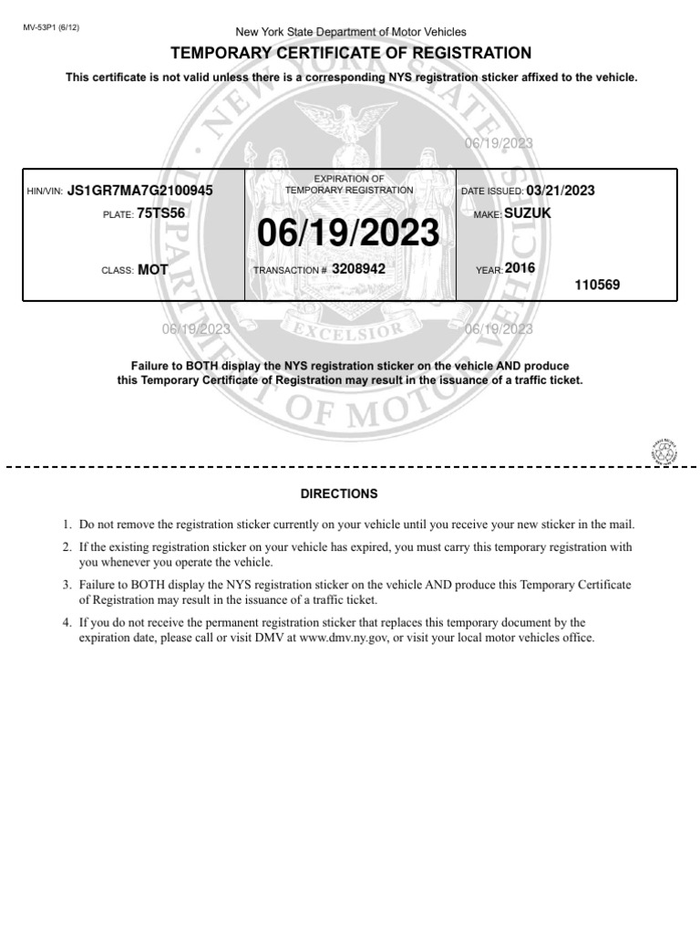NYS Temporary Vehicle Registration Guide | PDF | Finance & Money ...