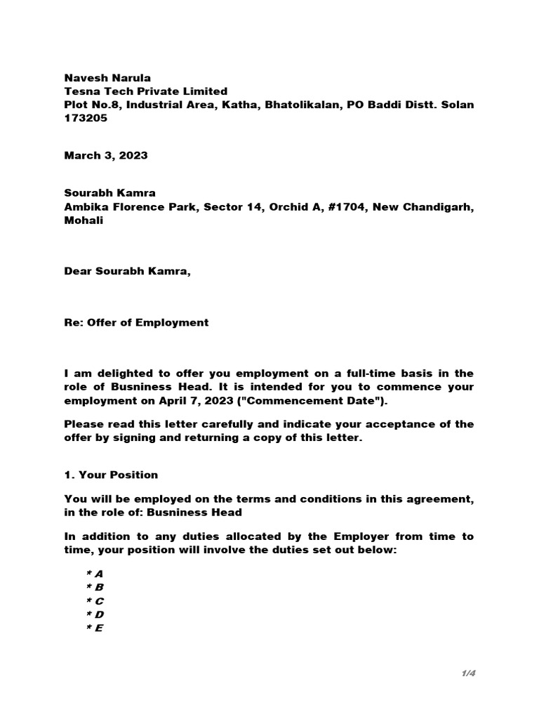 Offer Letter For Employment | PDF